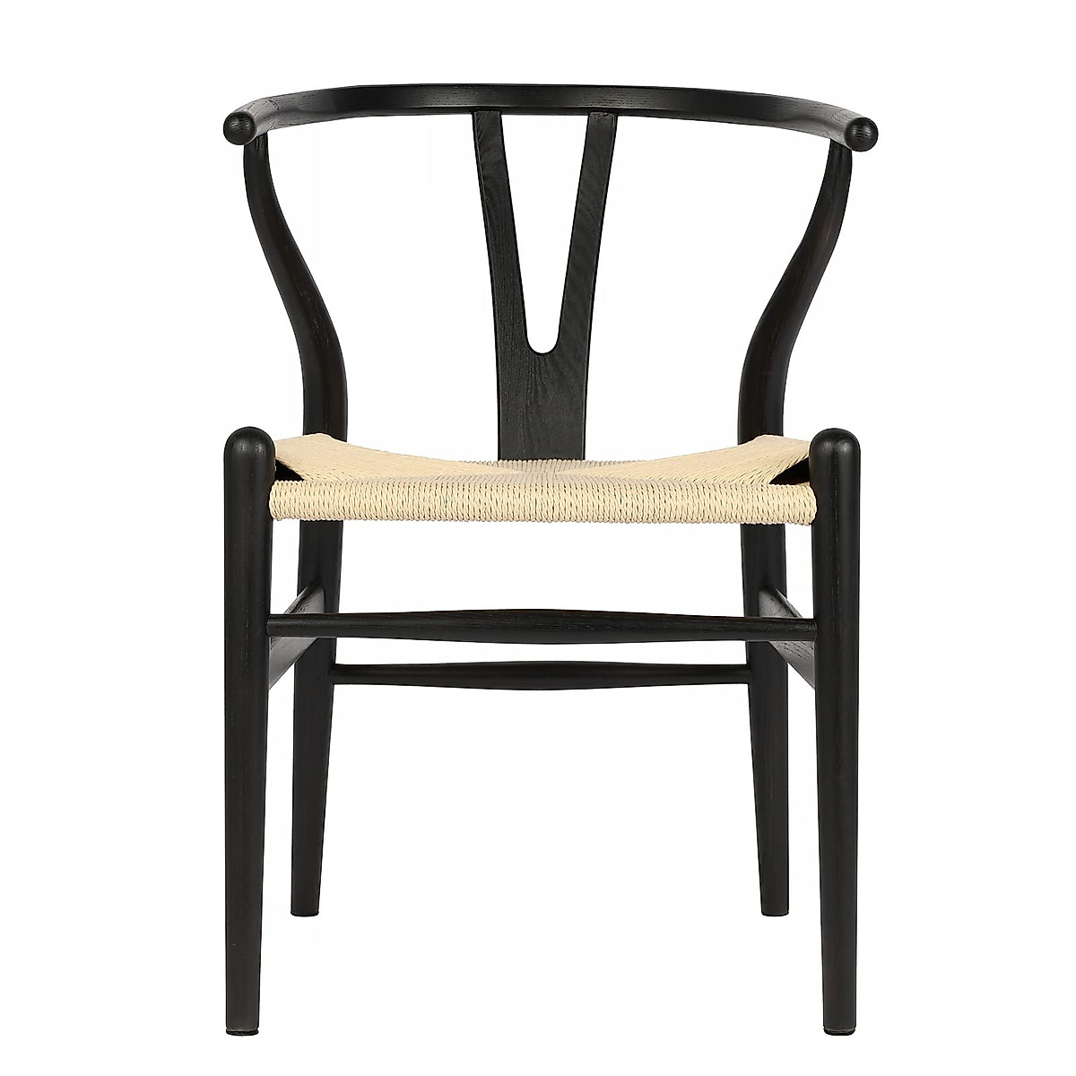 Polynices Wishbone Chair, Weave Modern Solid Wood Mid-Century Y Shaped Backrest Dining Chair (Black + Natural Set of 2)