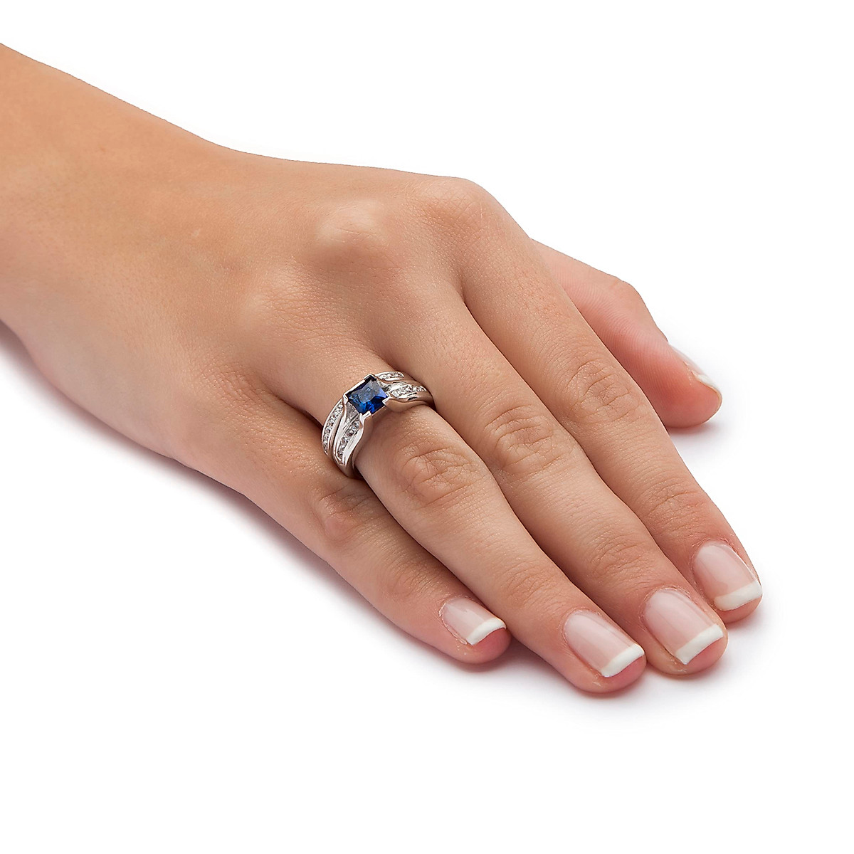 PalmBeach Jewelry Platinum Plated .925 Sterling Silver Princess Cut White Cubic Zirconia or Created Blue Sapphire Bridal Ring Set Size 9