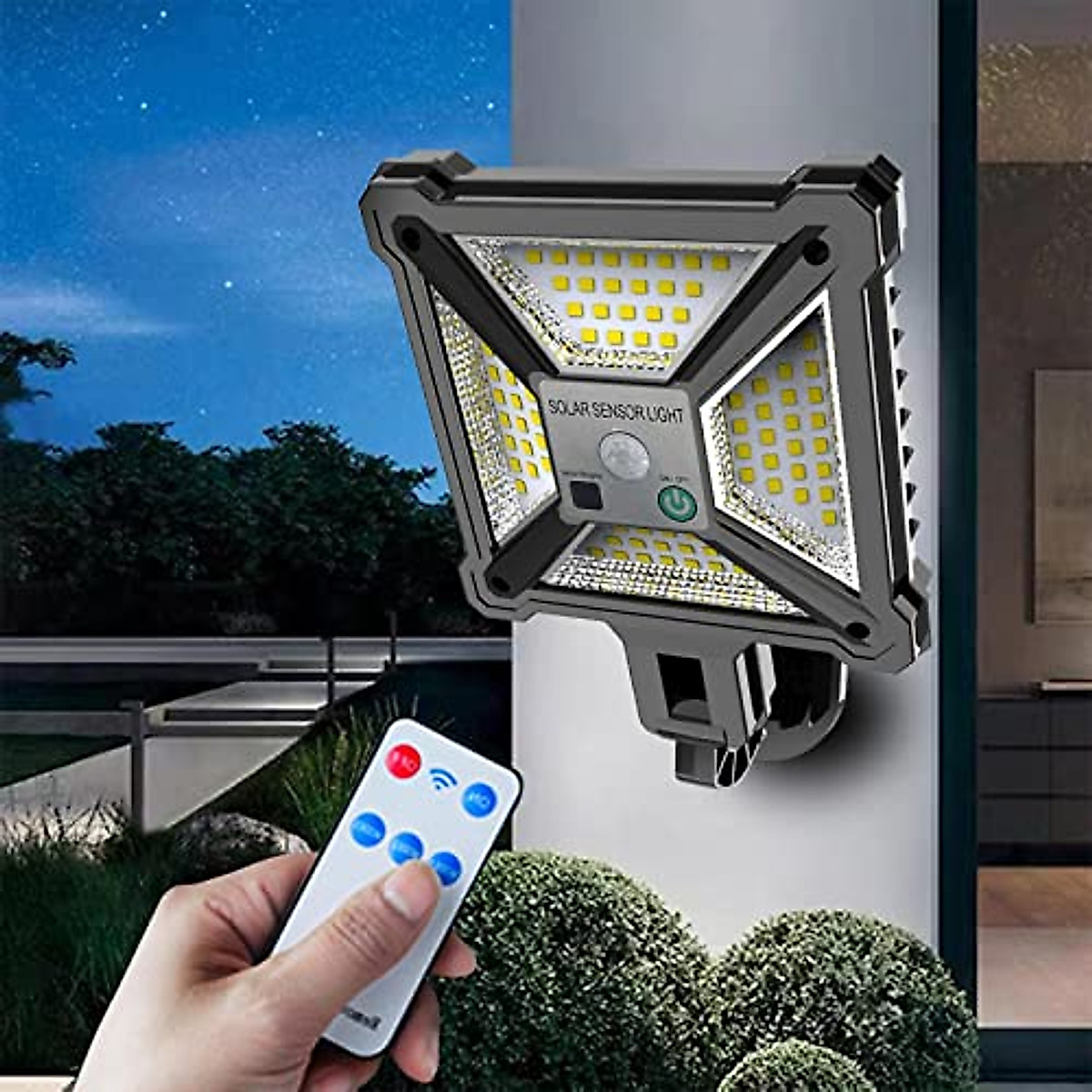 Xinsrenus Solar Outdoor Lights, Motion Sensor Solar Powered Lights IPX65 Waterproof, 3 Modes, with Remote Control, Wall Security Lights for Fence Yard Garden Patio… (LED)