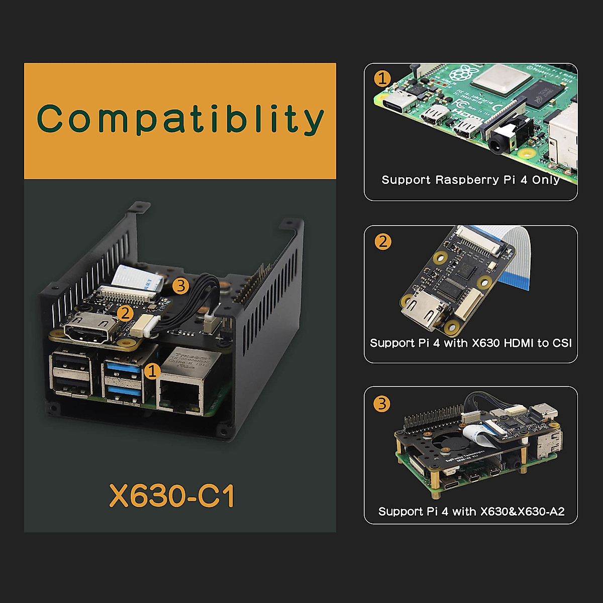 Geekworm X630-C1 Metal Case with Cooling Fan and 3pcs Aluminum Heatsink for Raspberry Pi 4 & X630 Only(Not Support C779/C790)