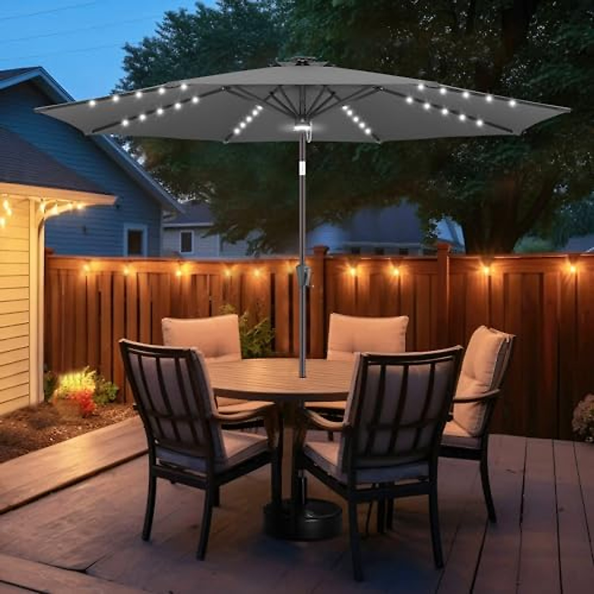 FLAME&SHADE 10 ft Solar Powered Outdoor Market Patio Table Umbrella with LED Lights and Tilt, Anthracite