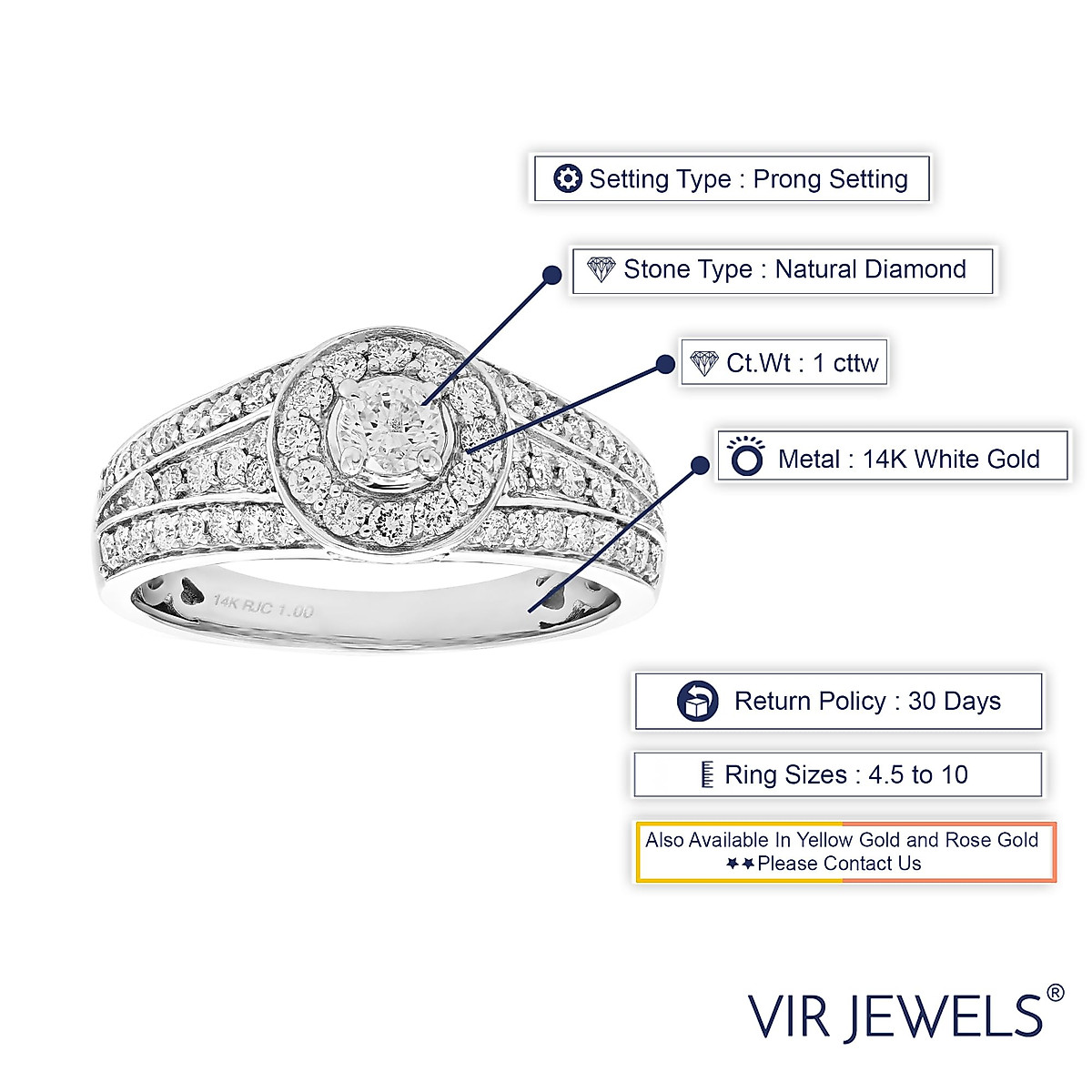 Vir Jewels 1 cttw Diamond Prong Set Wedding Engagement Ring Set 14K White Gold Multi Row Bridal Size 5.5