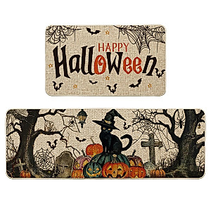 Artoid Mode Pumpkin Cat Spider Web Crucifix Bat Halloween Kitchen Mats Set of 2, Black Home Decor Low-Profile Kitchen Rugs for Floor - 17x29 and 17x47 Inch