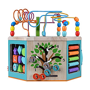 Teamson Kids Preschool Play Lab 7-in-1 Large Wooden Activity Cube Station Center Bead Maze and Counting for Kids Baby Toys, Natural