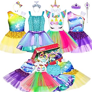Latocos Girls Princess Dress up Trunk Dress Up Clothes for Little Girls Unicorn Mermaid Pretend Play Costume Set for Toddlers Ages 3-6 Years