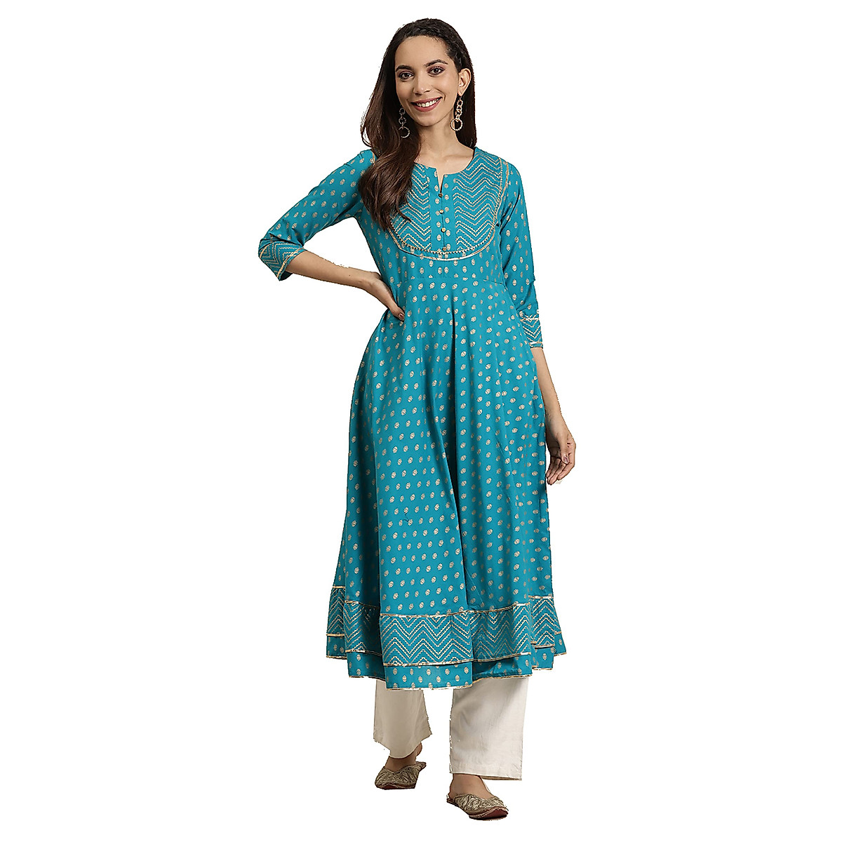 Yash Gallery Women's Cotton Blend Floral Print Anarkali Kurta (Blue)