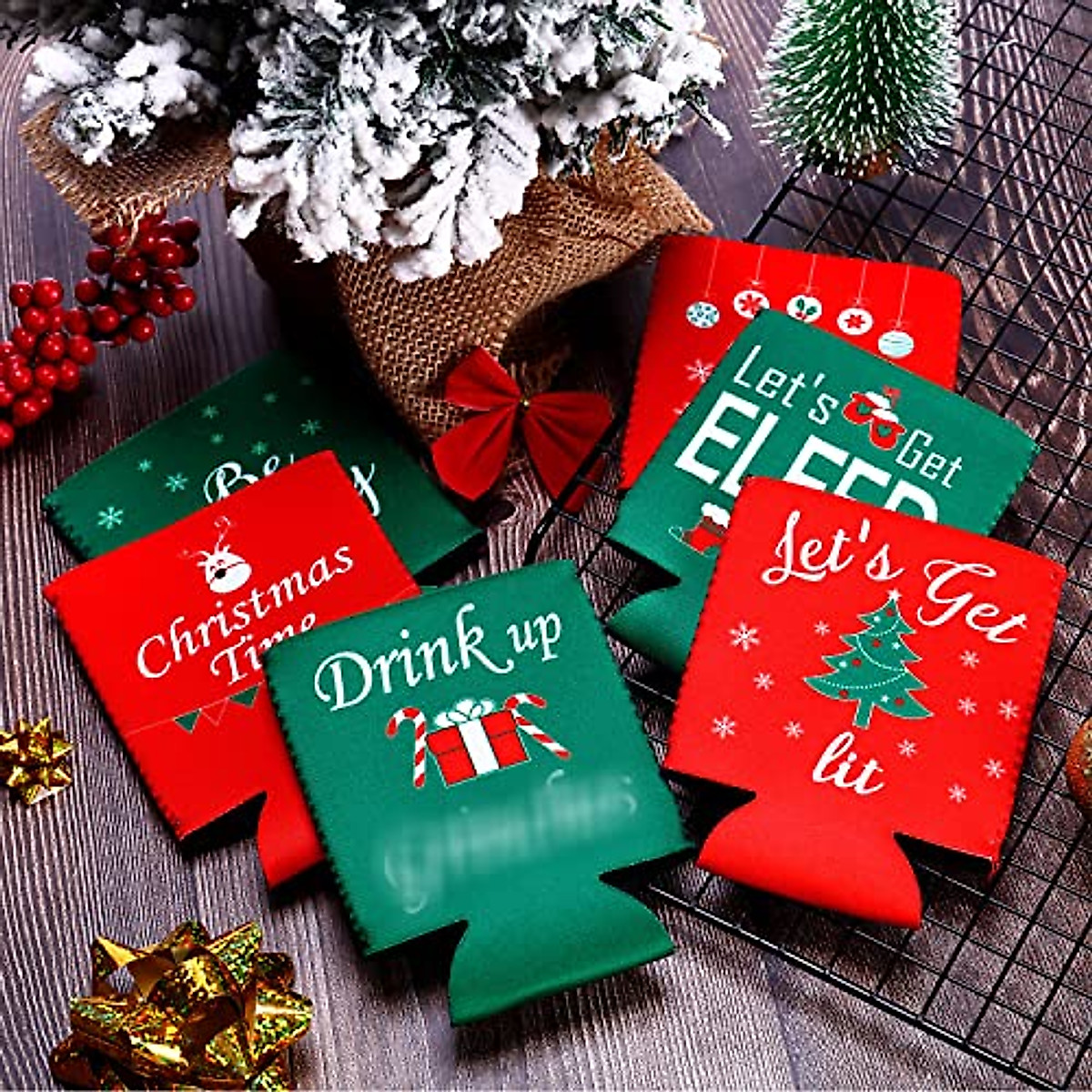 12 Pcs Christmas Can Cooler Sleeves 6 Styles Christmas Theme Tree Snowman Hat Reindeer Funny Neoprene Holiday Can Cover Holders for Soda Bottle Drink Xmas Party Supplies Favors (Cute, 5.1 x 3.9 Inch)