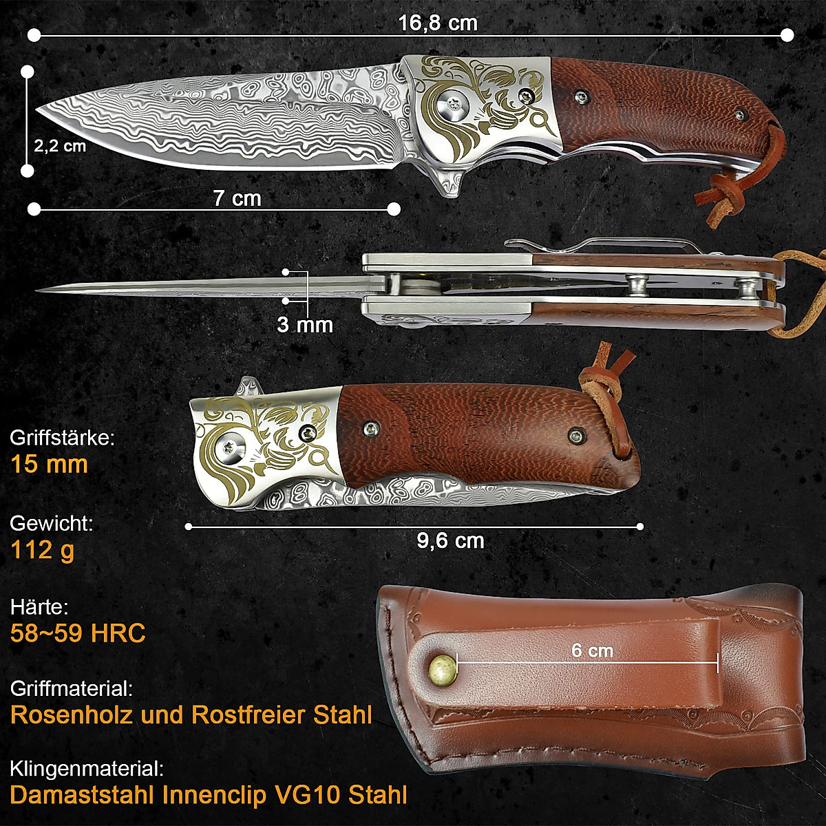 AUBEY Damascus Pocket Knife with Clip, Damascus Knife Folding Knife with VG10 Damascus Steel Blade, Wooden Handle, Foldable EDC Knife for Outdoor Survival Collection Gift