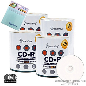Smartbuy 400-disc 700mb/80min 52x CD-R White Thermal Hub Printable Recordable Disc + Free Micro Fiber Cloth