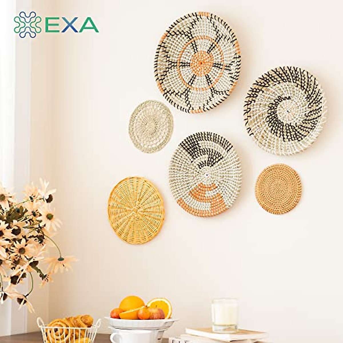 EXA Set of 6 Woven Wall Basket Orange Blossom Decor - Boho Farmhouse Rustic Room Style - for Thanksgiving Christmas Hanging Wall Art, Gift Idea, Table Settings - Handmade, Round, Natural Seagrass