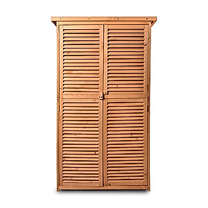 JOVNO Outdoor 63" Wood Storage Shed Tool Organizer Garden Storage Cabinet with Waterproof Roof, Lockable Doors, 3-Tier Shelves for Patio Lawn Backyard Home Garage