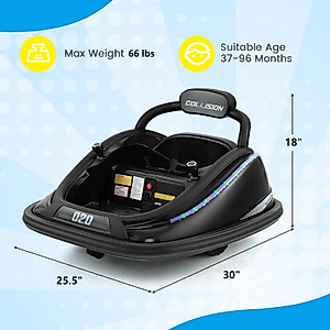 OLAKIDS Bumper Car for Toddlers, 12V Kids Electric Ride on Toy with Remote Control, Battery Powered Vehicle Racer for Baby, 360 Degree Spin Rotation, Colorful Flashing LED Lights, Music (Black)