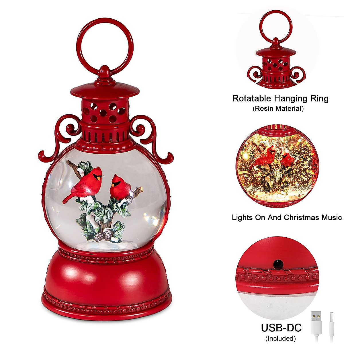 Christmas Snow Globes, Cardinal Christmas Water Globes with 8 Songs, 6H Timer Battery & USB Powered Glitter Snow Globe Music Box Suitable for Christmas Home Decorations Holiday Party Gifts