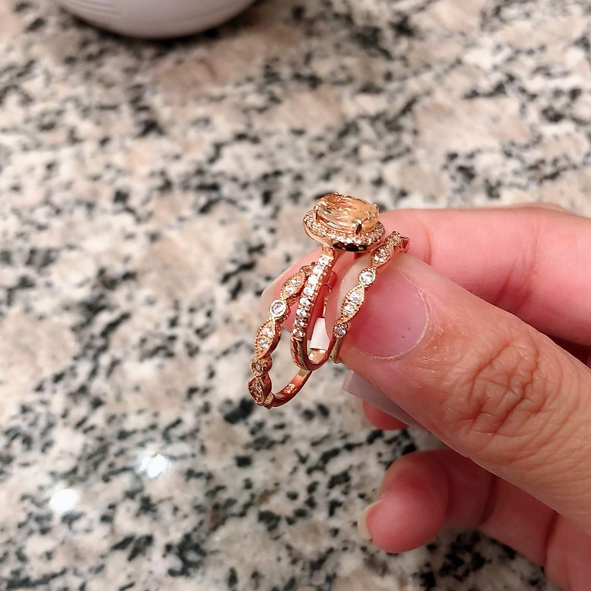 Blue Apple Co. Three Piece Halo Art Deco Wedding Band Engagement Ring Oval Simulated Morganite Round Cubic Zirconia 925 Sterling SilverSize-7