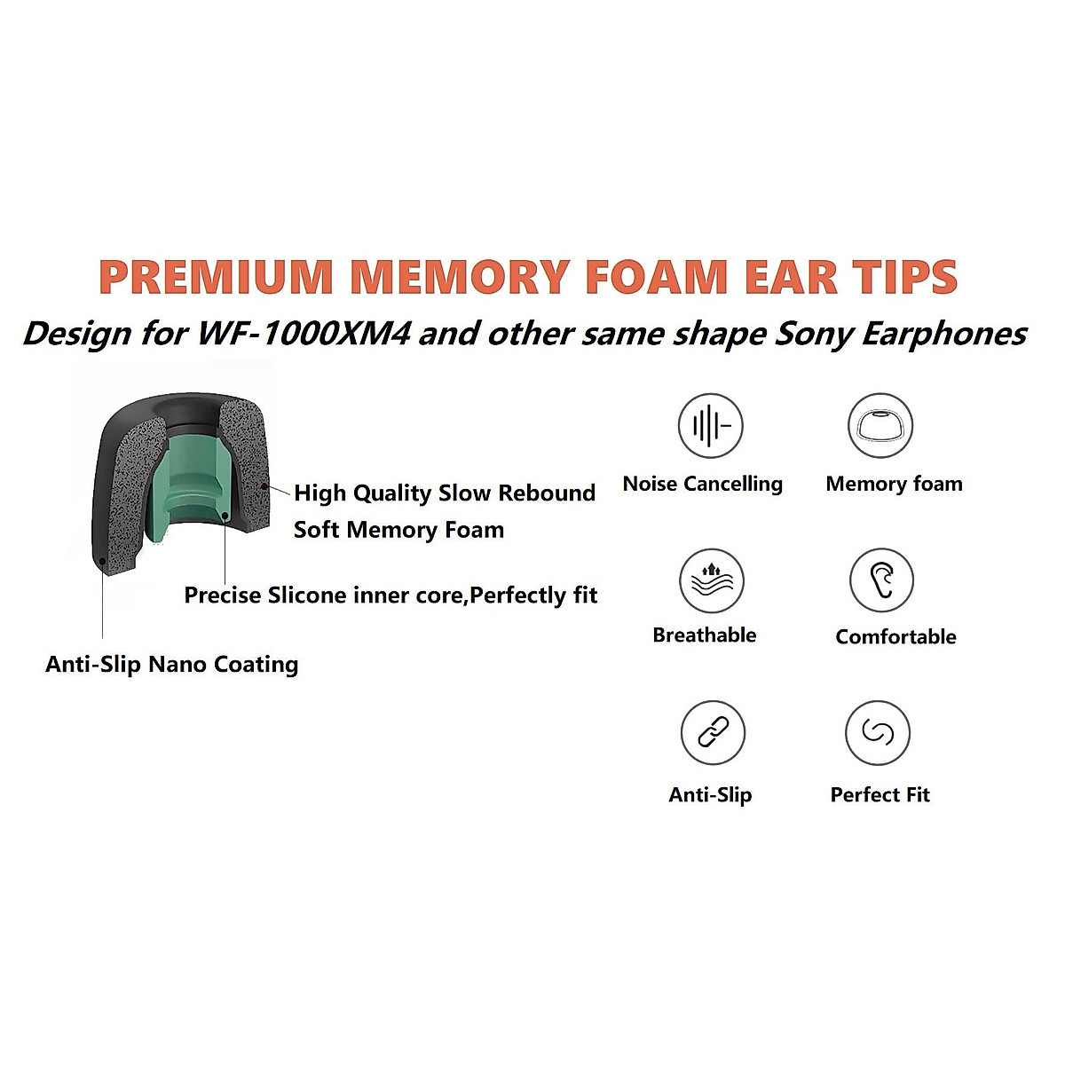 BLLQ Memory Foam Ear Tips Eartips Compatible with Sony Earphones WF 1000XM4 Earbuds, Replacement Foam Tips for 1000XM3 / WF-C500 / LinkBuds S, Fit in Charge Case, Large Size 3 Pairs, xm4flb Black L