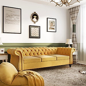 QHITTY Accent Large Sofa, Chesterfield Couch 3 Seater Modern Velvet Couch Upholstered Sofa with Tufted Back for Living Room Furniture (Mango)