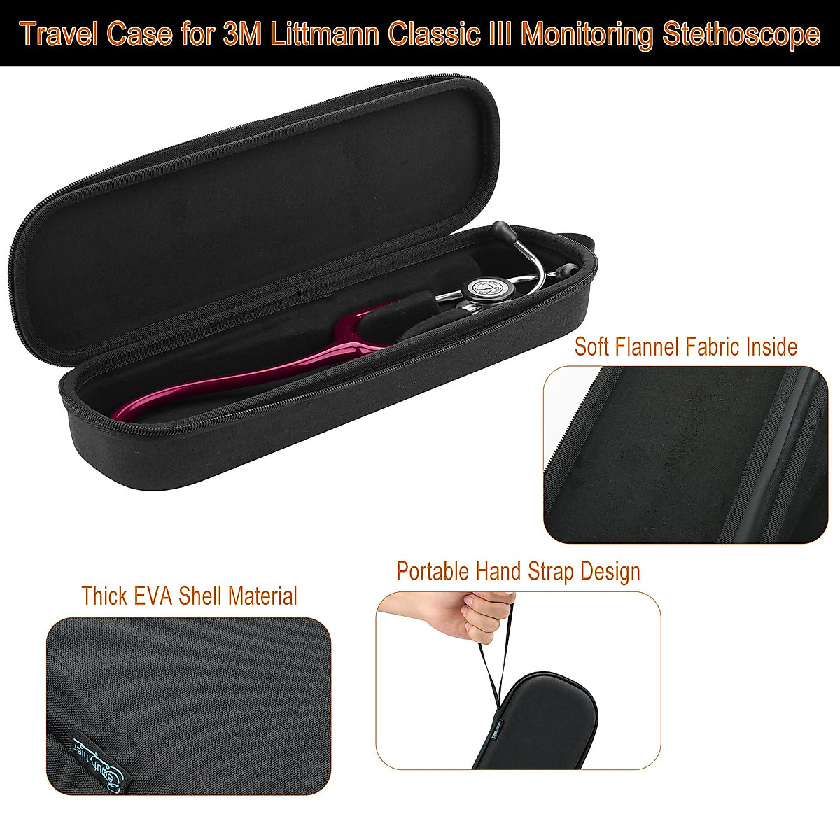 Beautyflier Travel Case for 3M Littmann Classic III Monitoring Stethoscope, Stethoscope Carrying Case with Extra Pocket for Accessories, Storage Box for Stethoscope, EVA Black (Case Only)