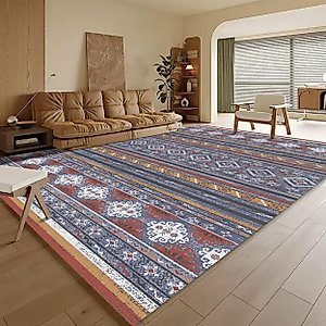 RUGSURE Washable Area Rugs 4' x 6' - 1/6 Thick - Moroccan-Inspired -Stain & Water Resistant Non-Slip - Resistant Rug for Living Room, Bedroom, Nursery, Pet & Child Friendly (Blue and Red)