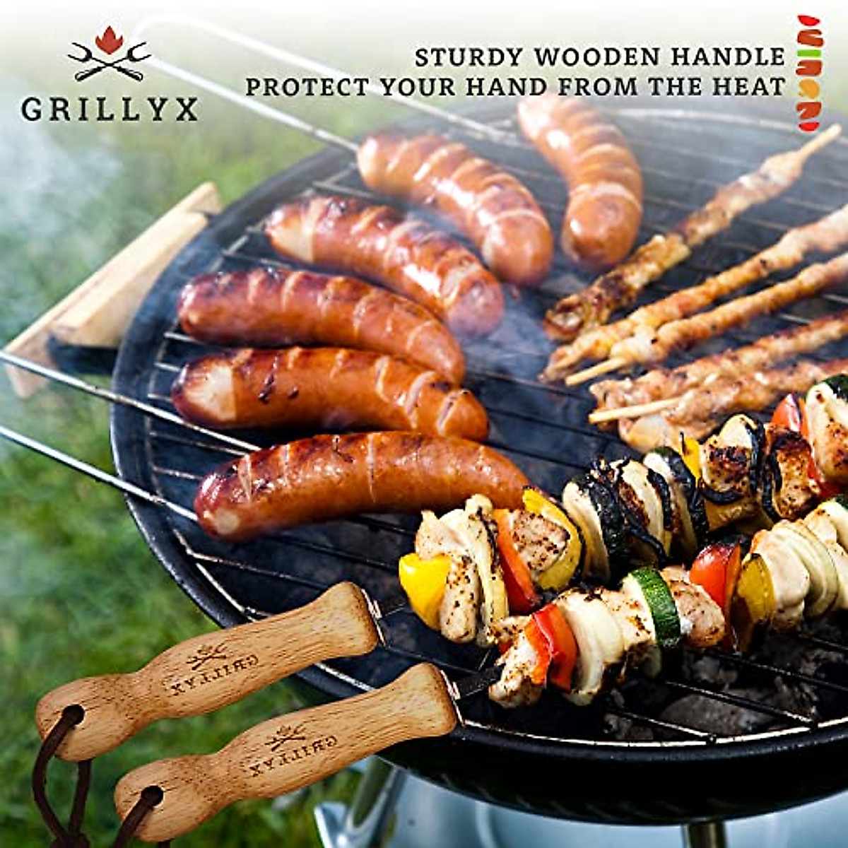 Grillyx Skewers - Premium BBQ Skewers - Skewers for Kabobs - Pack of 10 - Stainless Steel - Ideal for Grilling - shishkabob Skewers - Metal skewers
