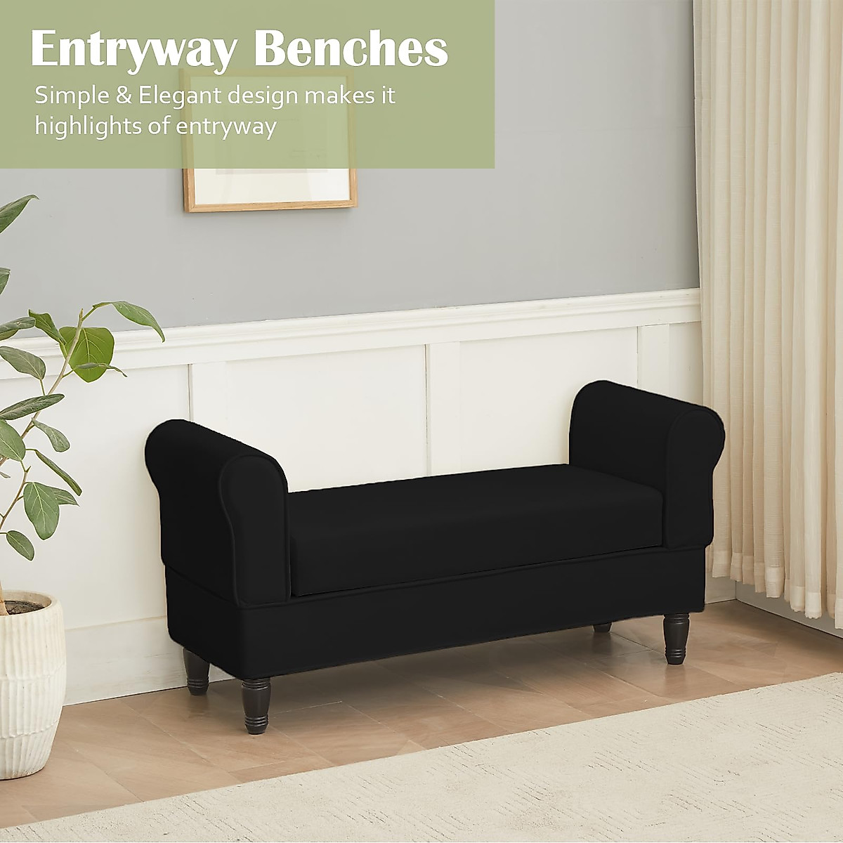 Merdoo Classics Storage Ottoman Bench with 2 Ottoman Foot Rest, Tufted End of Bed Storage Bench, Upholstered Bedroom Storage Bench, Rolled Arm Window Bench for Entryway Bedroom Living Room, Black…