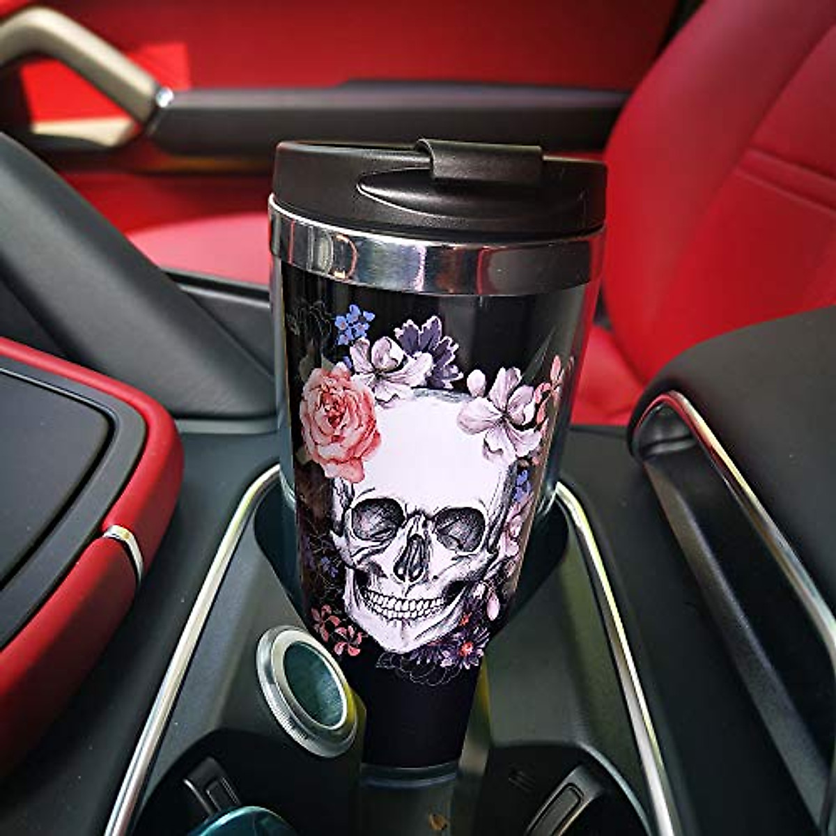 CUAJH Skull Flower Travel Coffee Mug, Personalized Coffee Tumbler with Wrap and Lid, Stainless Lined for Women Men, 14 OZ