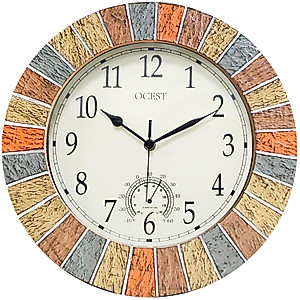 OCEST 13 Inch Large Outdoor Indoor Clock, Waterproof Wall Clock with Thermometer, Weather-Resistant Non-Ticking Battery Operated Decor Clock for Patio, Pool, Lanai, Fence, Porch, Garden (Yellow)