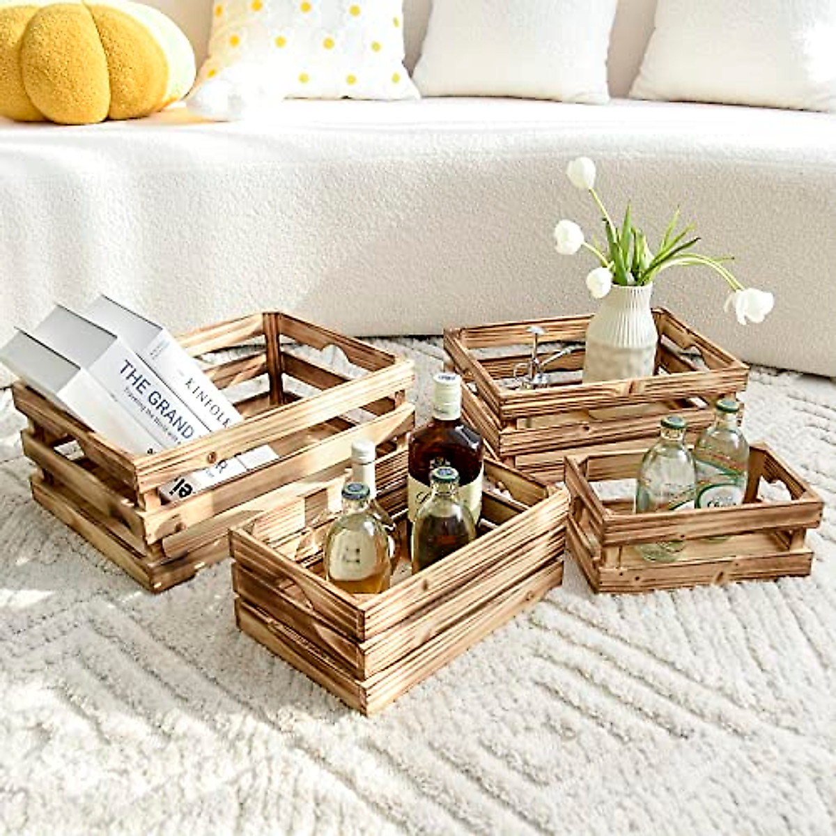 MACVAD Set of 4 Large Torched Wood Decorative Storage Crates, Nesting Wooden Crates for Display Rustic, Farmhouse Wooden Storage Container Boxes Made from 100% Wood