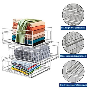 3-Tier Sliding Closet Organizers and Drawer,Storage Shelves for Clothes,Collapsible Stackable Storage Baskets Bins,Clothes Organizer Containers Wardrobe Locker, Metal Drawer Shelf,Cupboard Organizer for Clothes(White)