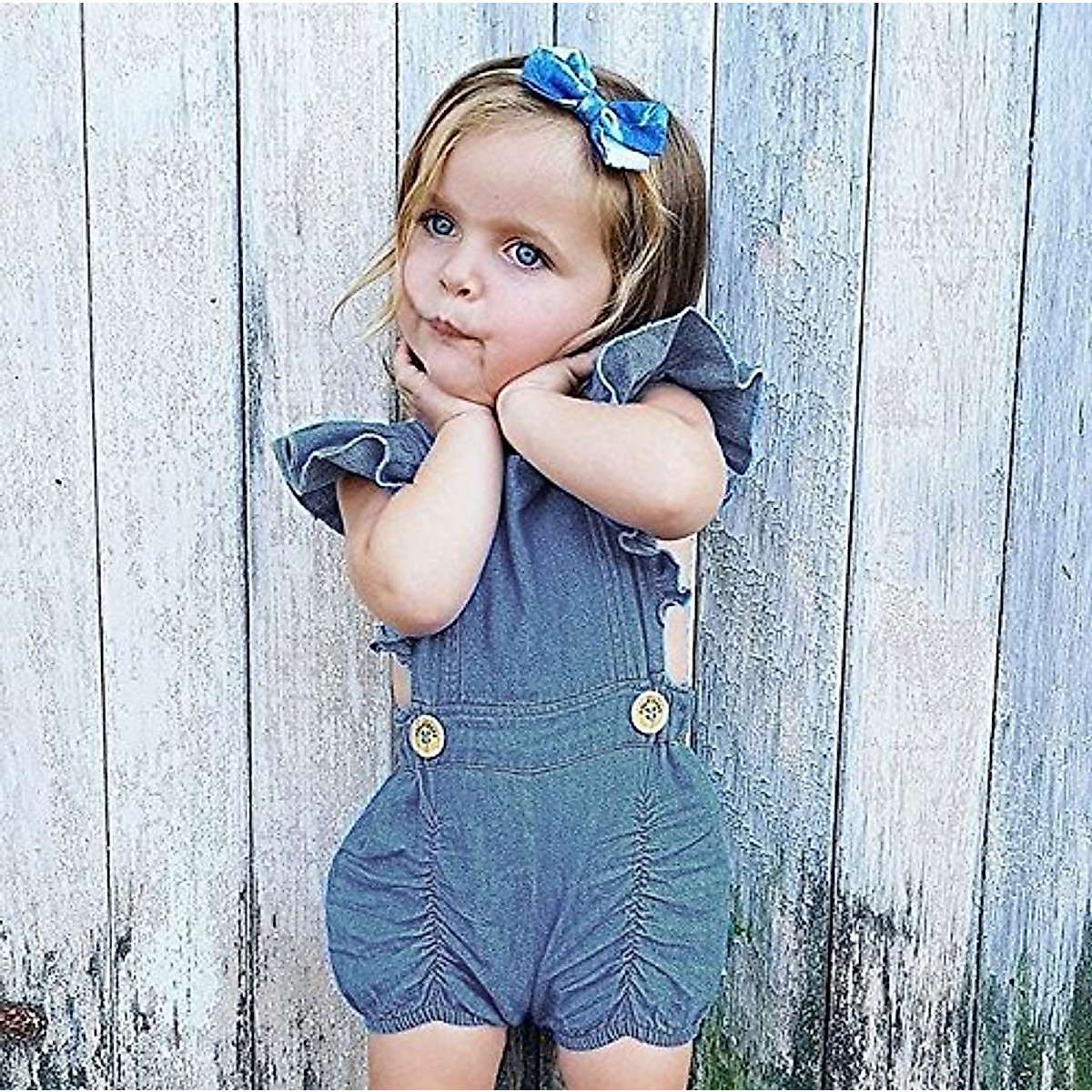 Calsunbaby Infant Baby Girls One Piece Short Sleeve Ripped Demin Jeans Ruffle Romper Sunsuit Outfits Jumpsuit (Z#Blue, 18-24 Months)
