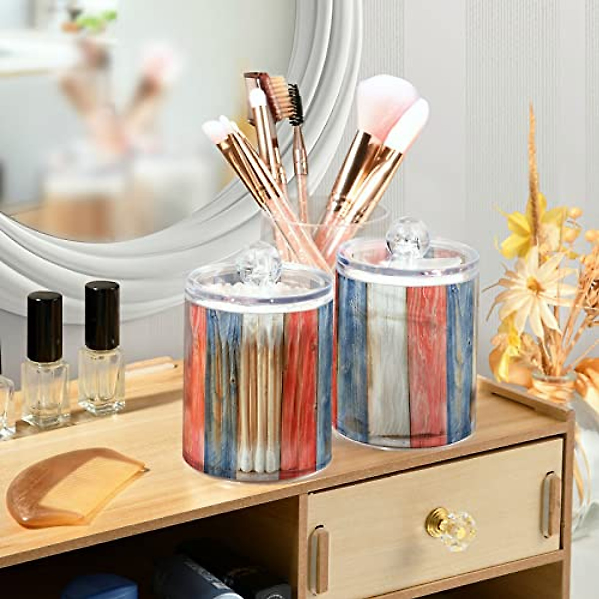 Qtip Holder Dispenser Patriotic Wooden Boards Plastic Apothecary Jar Containers for Vanity Makeup Organizer Storage Bathroom Organizer