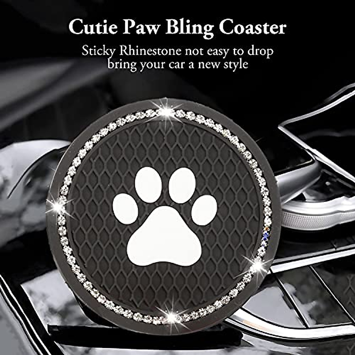 JIMAT Bling 2 Pack PAW Car Coasters for Cup Holders in Holder Set Accesories Crystal Vehicle Interior Accessories Mats Women Lady Girl 2.75in Diameter (Black) (JM-8698)