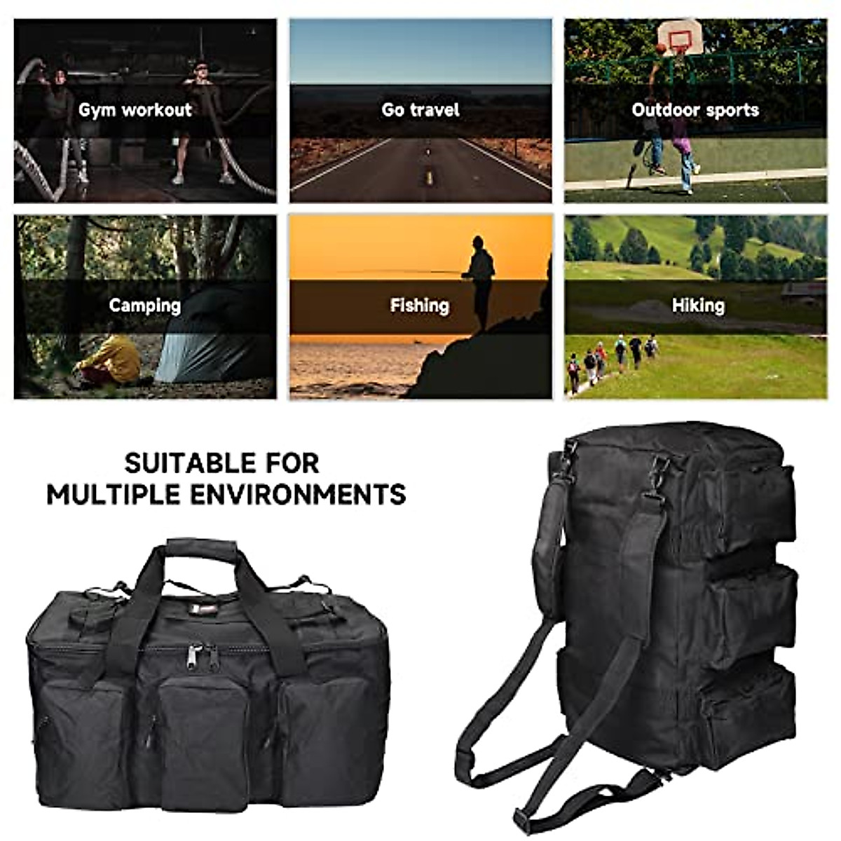 Sparklekle Military Duffel Bag 50L Gym Bag for Men Convertible Weekend Backpack for Sports Travel Camping (Black)