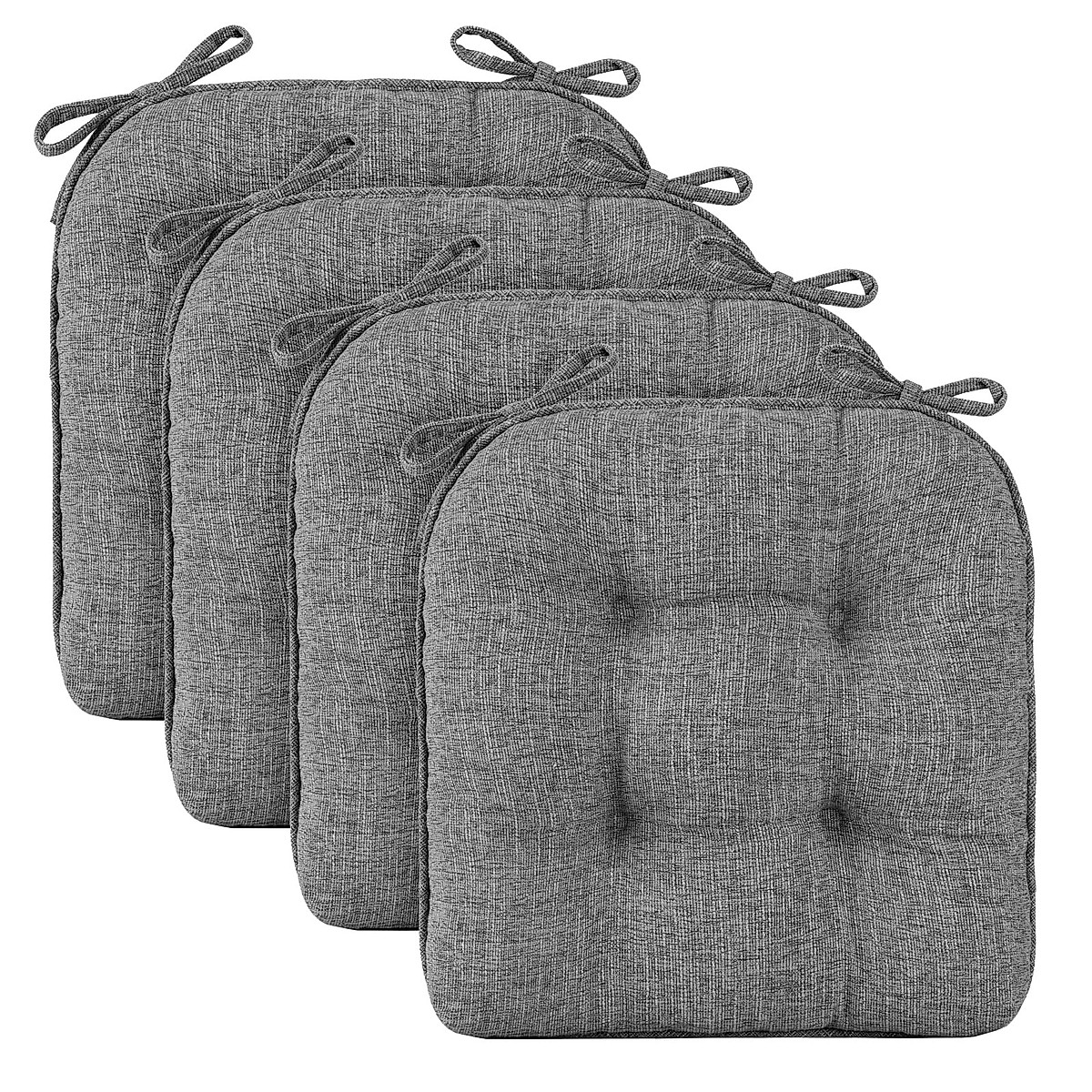 Wellsin Chair Cushions for Dining Chairs 4 Pack, 15.5" X 15.5" Kitchen Chair Cushions with Ties and Non-Slip Backing, Tufted Shredded Memory Foam Kitchen Chair Pads, Dark Gray