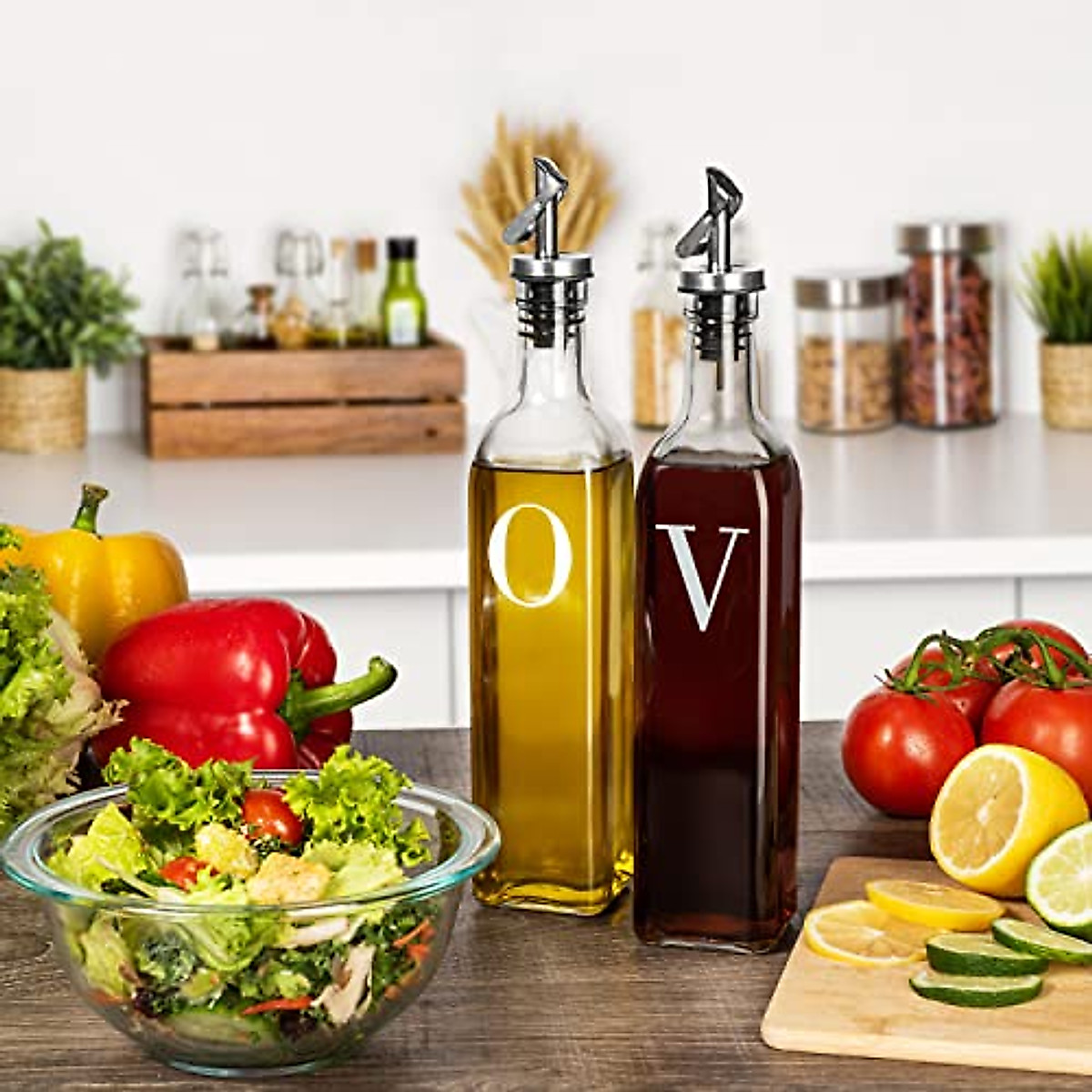 GREENOLIVE Professional Glass Oil and Vinegar Dispenser Set - Olive Oil Bottle with Pourer Caps, Ideal for Kitchen Use - Oil Dispenser Bottle Set (O & V Letters)