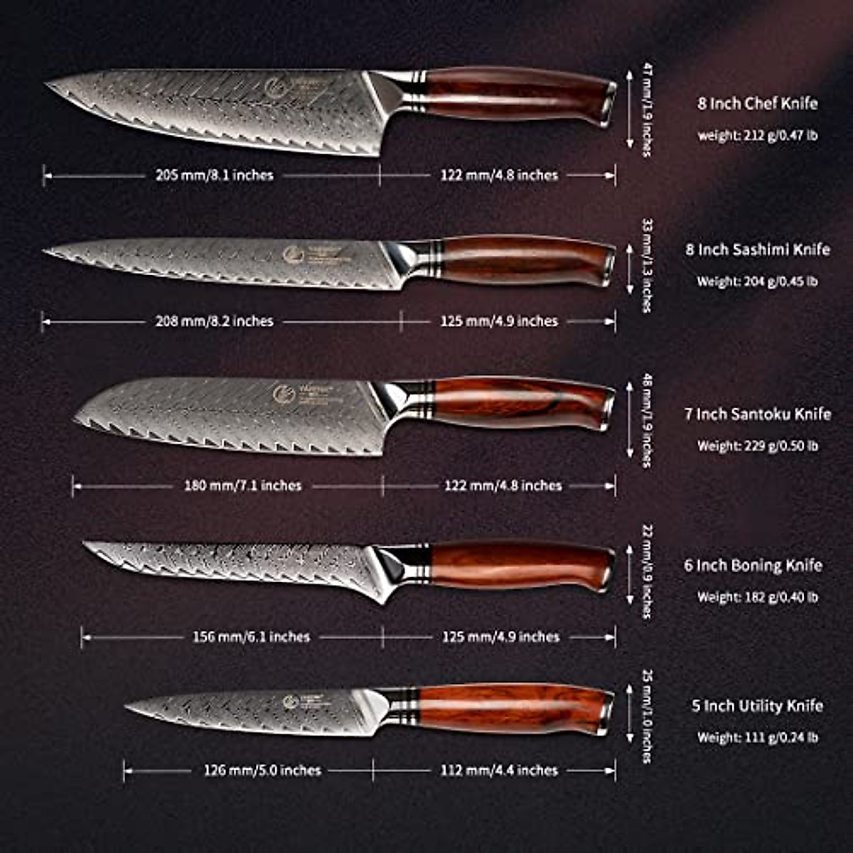 YARENH Kitchen Knife Set with Block, 8 Piece, Sharp Professional Chef Knife Set, 73 Layers Japanese Damascus High Carbon Stainless Steel, Full Tang Sandalwood Handle, Gift Box