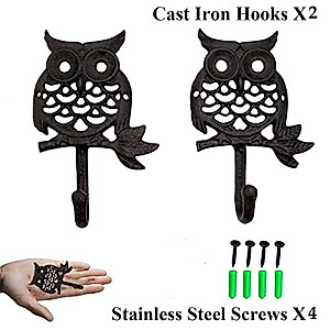 YANGMEI Vintage Cast Iron Wall Hooks (Antique Brown, Set of 2) - Rustic, Farmhouse Wall Hooks, Decorative Owl Key Hat Hook, Wall Mounted Heavy Duty Hooks for Keys, Towel, Bags, Hat, Coat