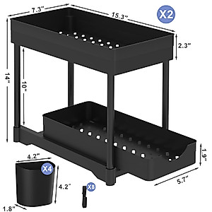 2 Pack Under Sink Organizers and Storage with Sliding Drawer, 2 Tier Under Sink Storage Rack for Bathroom Kitchen, Under Cabinet Counter Storage Shelf Organizer with Hooks & Hanging Cups (Black)