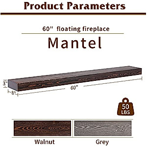 Fireplace Mantel | 60" W Wood Floating Shelves | Handcrafted Hollow Distressed Beam | Wall Mounted Wooden Display Shelfing | with Invisible Heavy Duty Metal Bracket | 60W x 3H x 8D, Dark Walnut