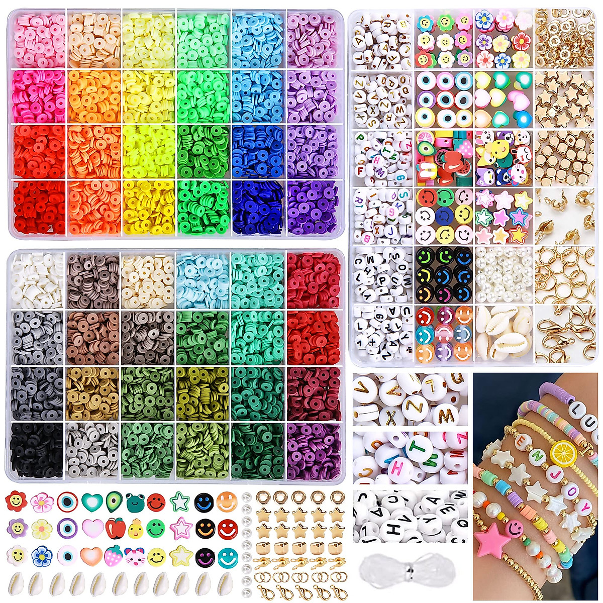 Greentime 8640PCS Clay Beads for Bracelet Making, 48 Colors Flat Round PolymerBeads Spacer Heishi Beads with 312pcs Letter Beads and 535pcs Pendant Charms Kits for Jewelry Marking DIY Crafts