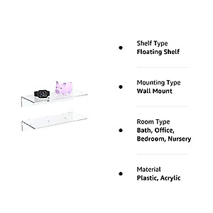 FEMELI Clear Acrylic Floating Wall Shelf for Figures Collections Plant Photo in Bedroom Living Room Office,Wall Mounted Storage Shelf 12 Inch,2 Pack