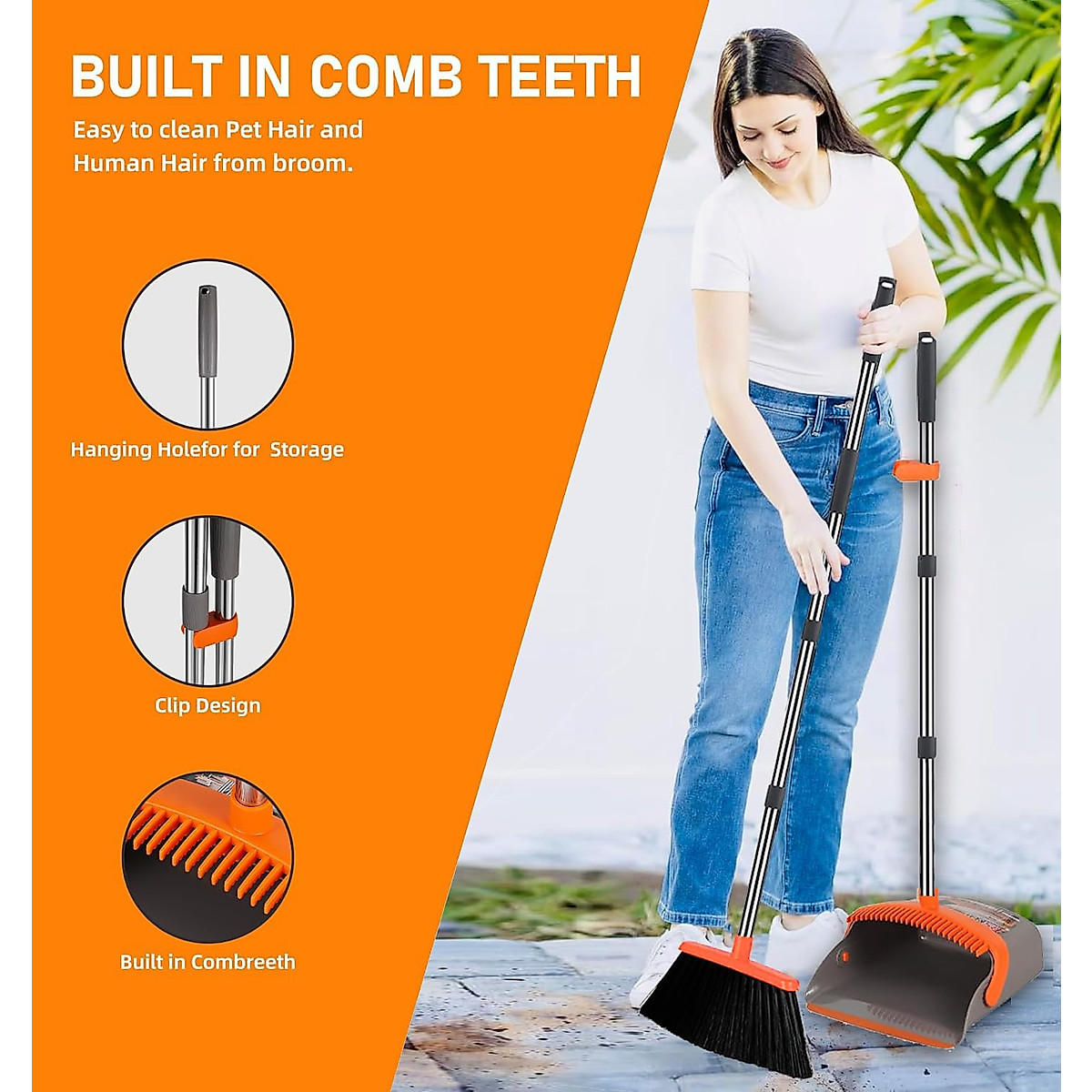Upgraded Broom and Dustpan Set, Upright Broom and Dustpan Combo with 51" Long Handle, Dustpan Teeth with self-Cleaning Function, Indoor and Outdoor Sweeping, Perfect for Home Office (Gray & Orange)