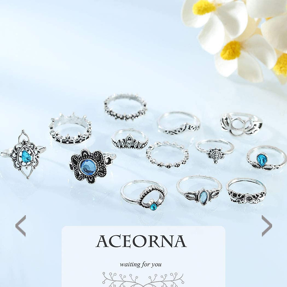 Aceorna Boho Crystal Joint Knuckle Rings Silver Flower Turtle Midi Stackable Finger Rings Set Jewelry for Women 13PCS