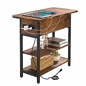 Yoobure End Table with Charging Station, Flip Top Side Table with USB Ports and Outlets, Sofa Couch Table Bedside Table for Living Room Bedroom, Narrow Nightstand with Storage Shelves for Small Space