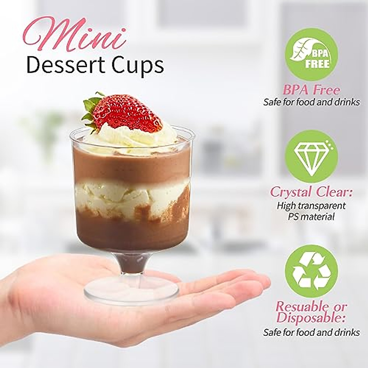 Zezzxu 5 oz Mini Dessert Cups with Spoons, 40 Pack Small Dessert Cups Plastic Footed Wine Glasses for Serving Trifles, Appetizers, Puddings, Mousse, Parfait
