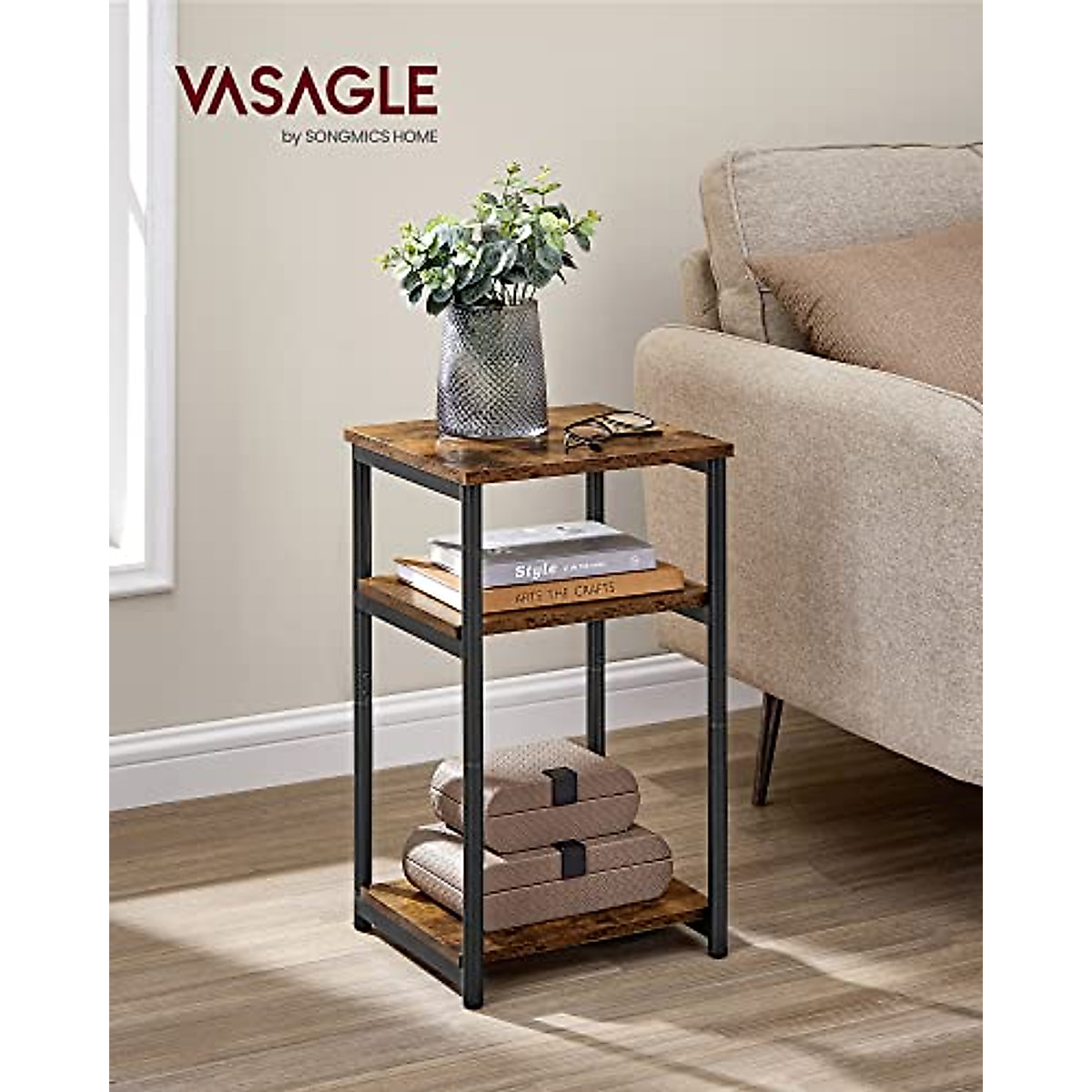 VASAGLE Side Table, Small End Table, Tall Nightstand for Living Room, Bedroom, Office, Bathroom, Rustic Brown and Black ULET273B01
