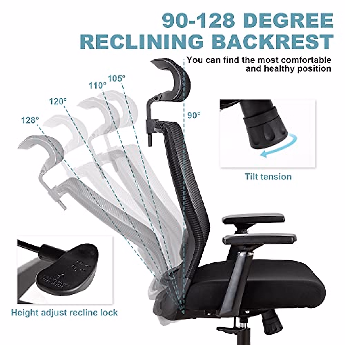 H HONSIT Big and Tall Office Chair- Ergonomic Mesh Office Chair with 3D Armrest, Adjustable Headrest and Sponge Lumbar Support, Comfortable Tilt Function Executive Swivel Office Chair,300lbs