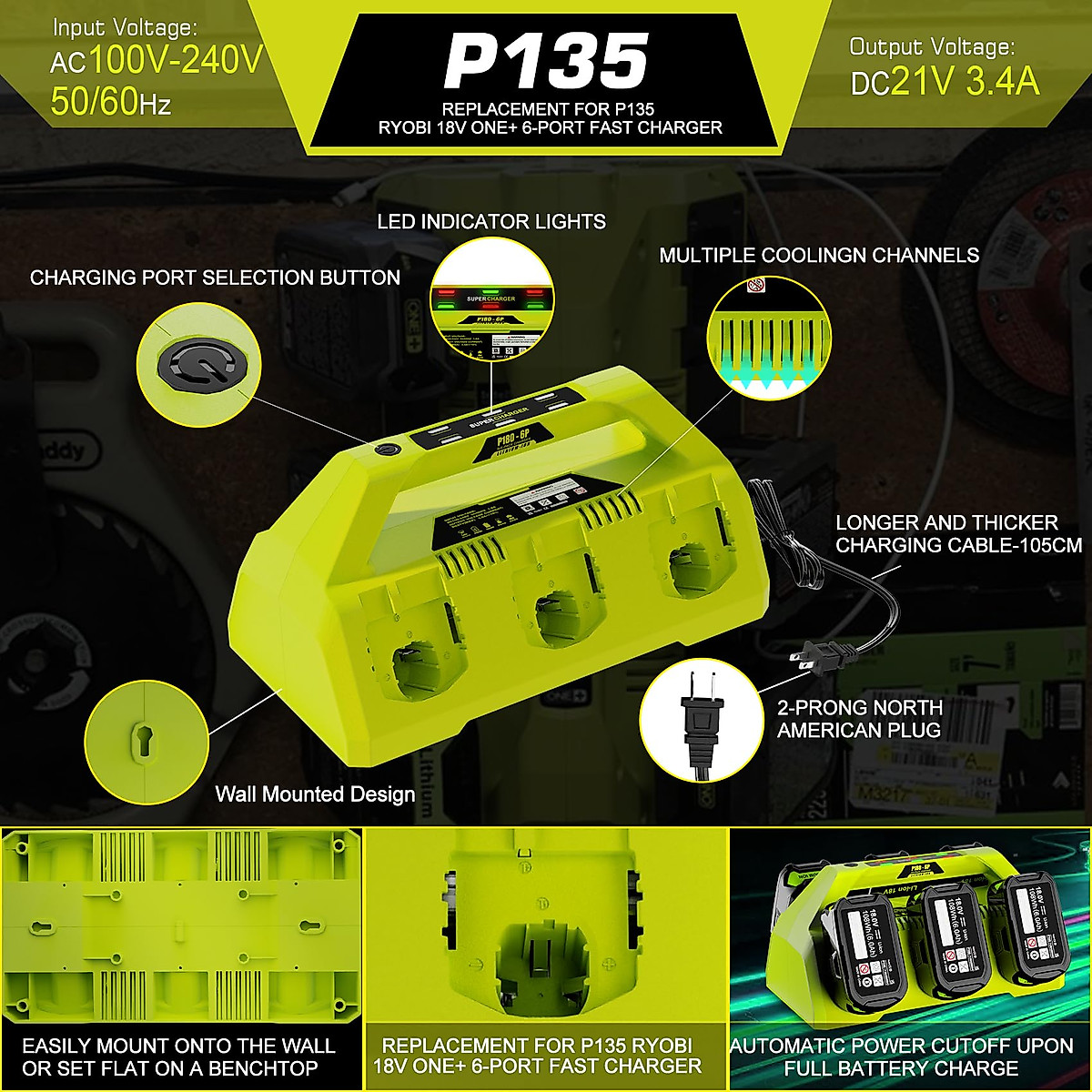 Supowill P135 18V 6-Port Charger for Ryobi 18V Charger,Compatible with Ryobi 18V ONE+ Battery P102 P103 P104 P105 P106 P107 P108 P109 PBP002 PBP003,for Ryobi 18V Battery Charger