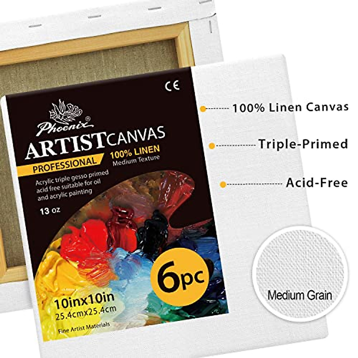 PHOENIX Linen Canvas for Painting, 10x10 Inch/6 Pack - 3/4 Inch Profile, Medium Texture - 13 Oz Triple Primed Blank Heavy Weight Professional Stretched Canvas for Oils, Acrylics, Pastels