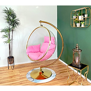 SK CHUMRA Bubble Hanging Chair Clear Acrylic Accent Swing Chair with Gold/Chrome Stand and Durable Fabric Seat Cushion (Gold/Pink Cushion)