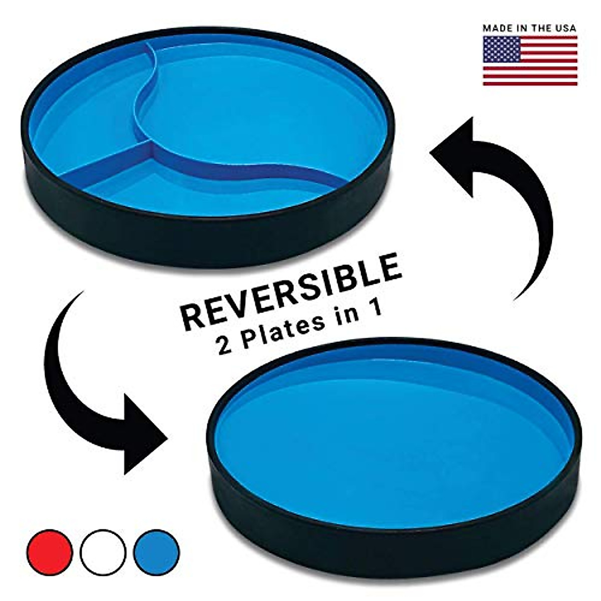 STAYnEAT, High End 2n1 Divided Suction Plate n Scoop Dish w Guard, Non-Slip -Tip -Flip, USA, S/L, Blue (S)